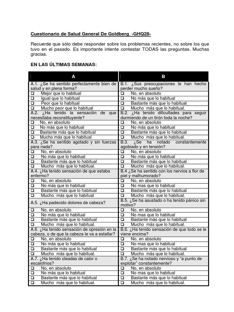 Cuestionario de Salud de Goldberg | PDF