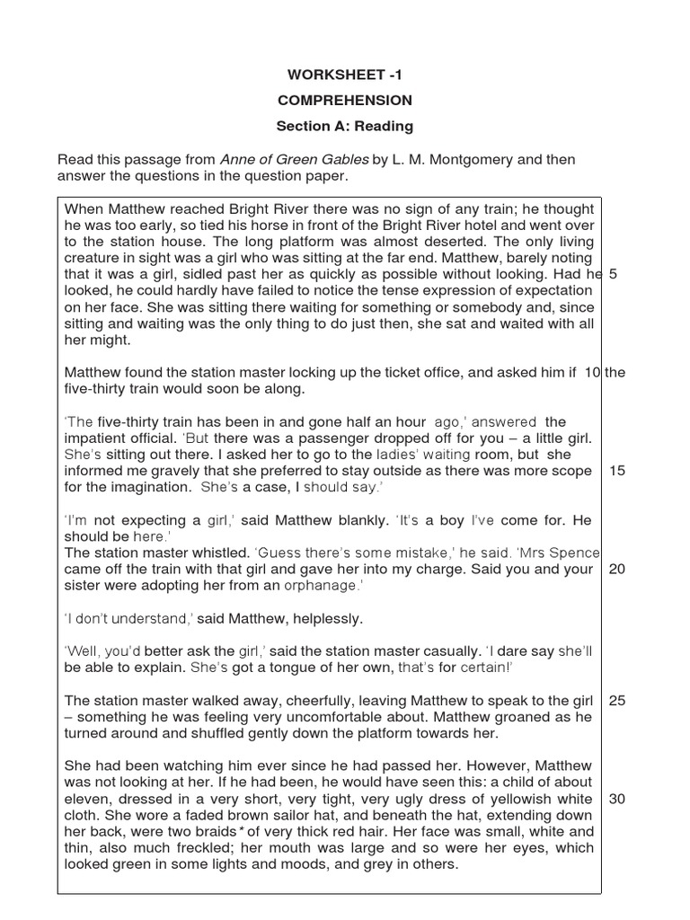 Worksheet - 1 Comprehension | PDF | Lucy Maud Montgomery