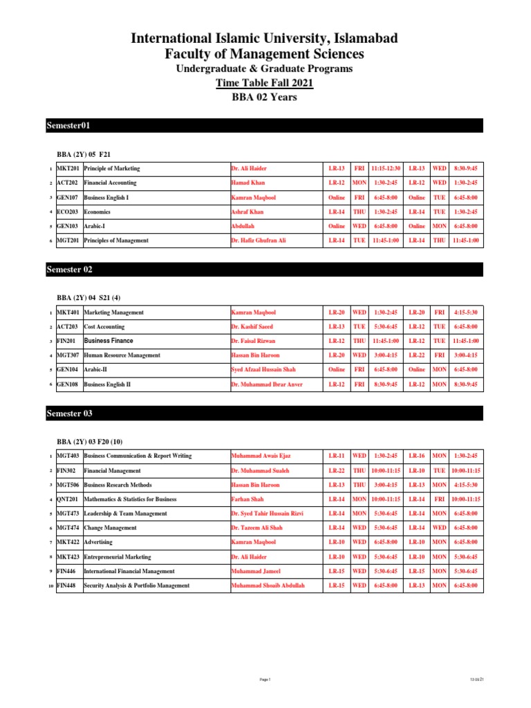BBA Fall 2021 Course Schedule | PDF | Business | Economies
