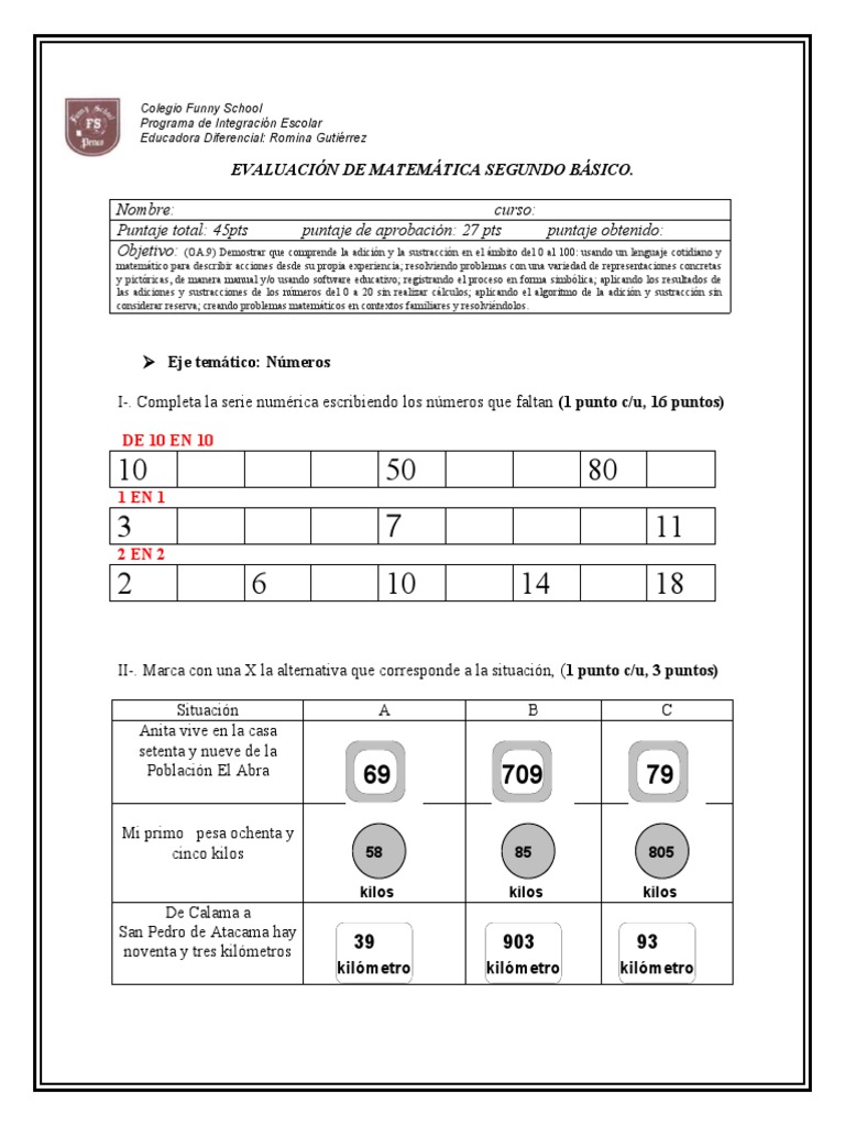 Evaluación de Matemática de Segundo Básico sobre Números y Operaciones ...