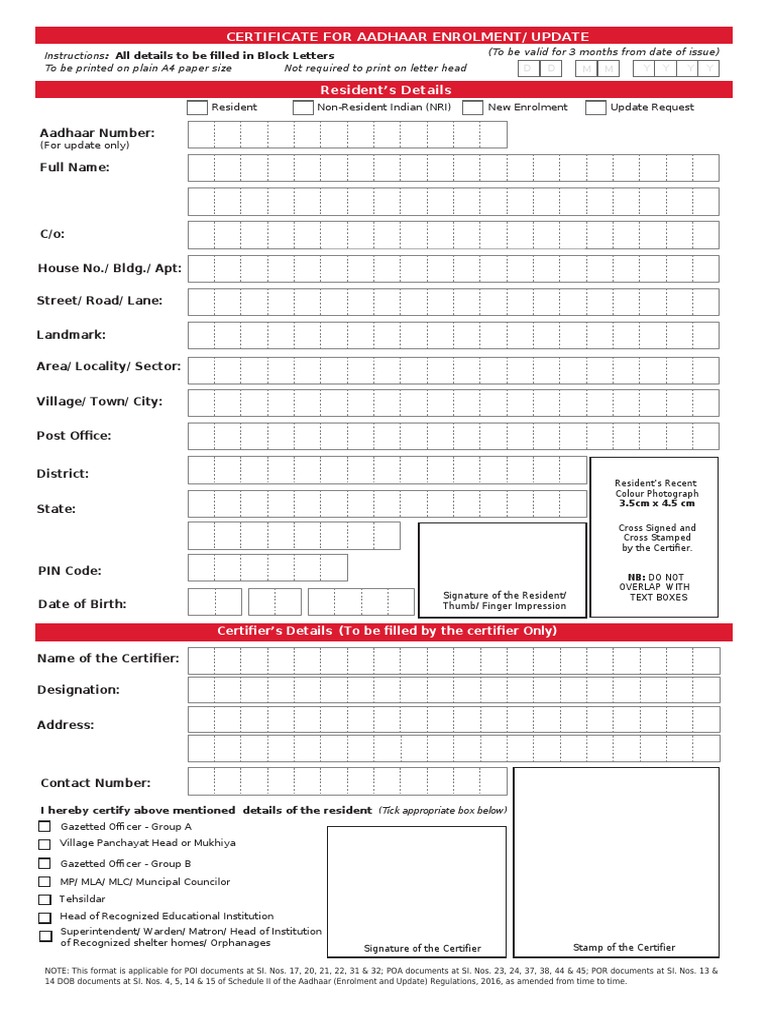 Certificate For Aadhaar Enrolment/ Update: Aadhaar Number: Full Name ...