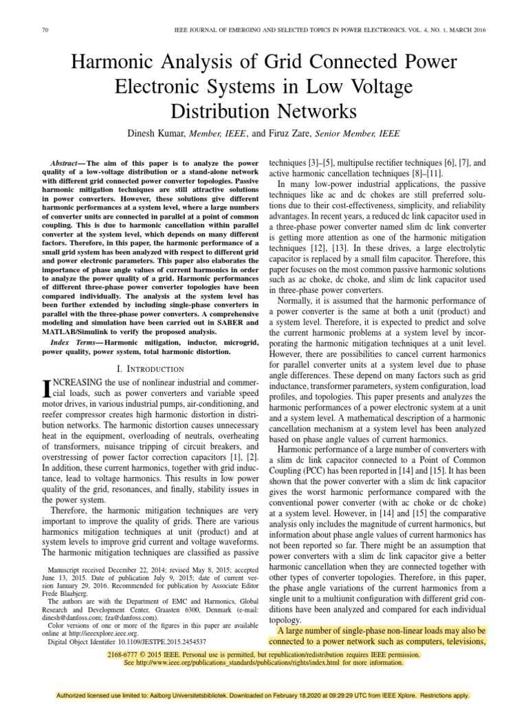 Harmonic Analysis of Grid Connected Power Electronic Systems in Low Voltage Distribution ...