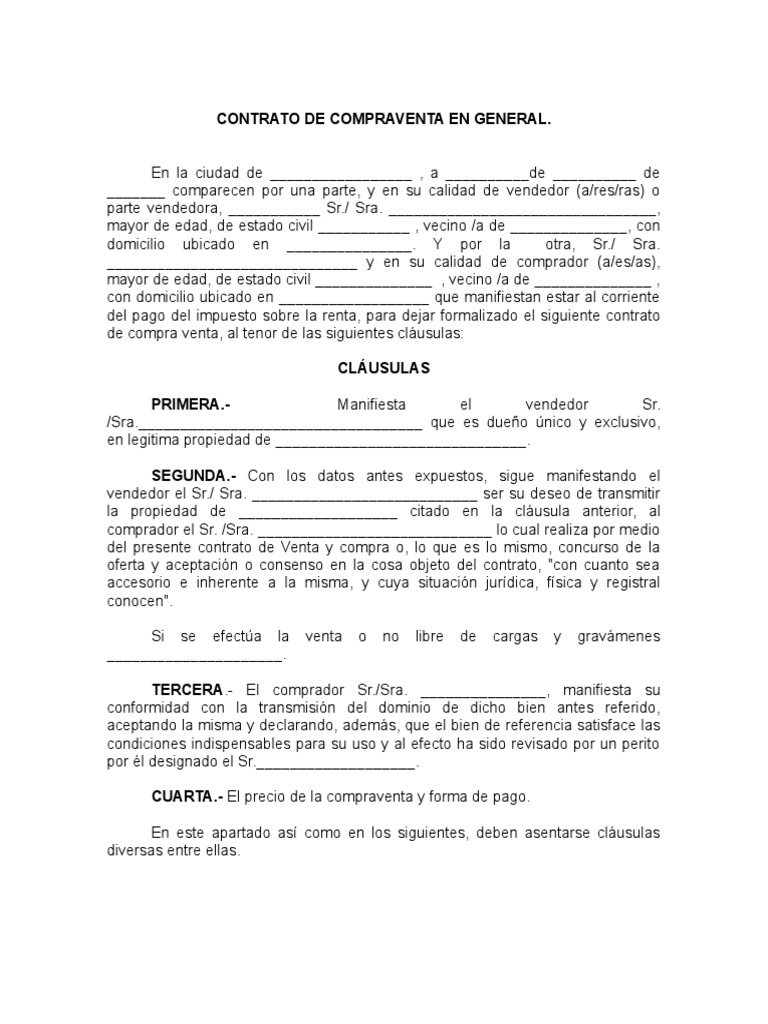 Formato Contrato De Compraventa En General