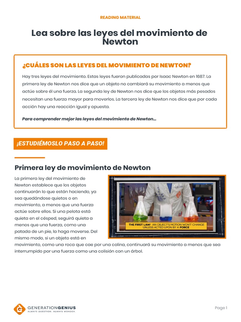 Leyes Del Movimiento de Newton Material de Lectura 6 A 8 Grado | PDF ...