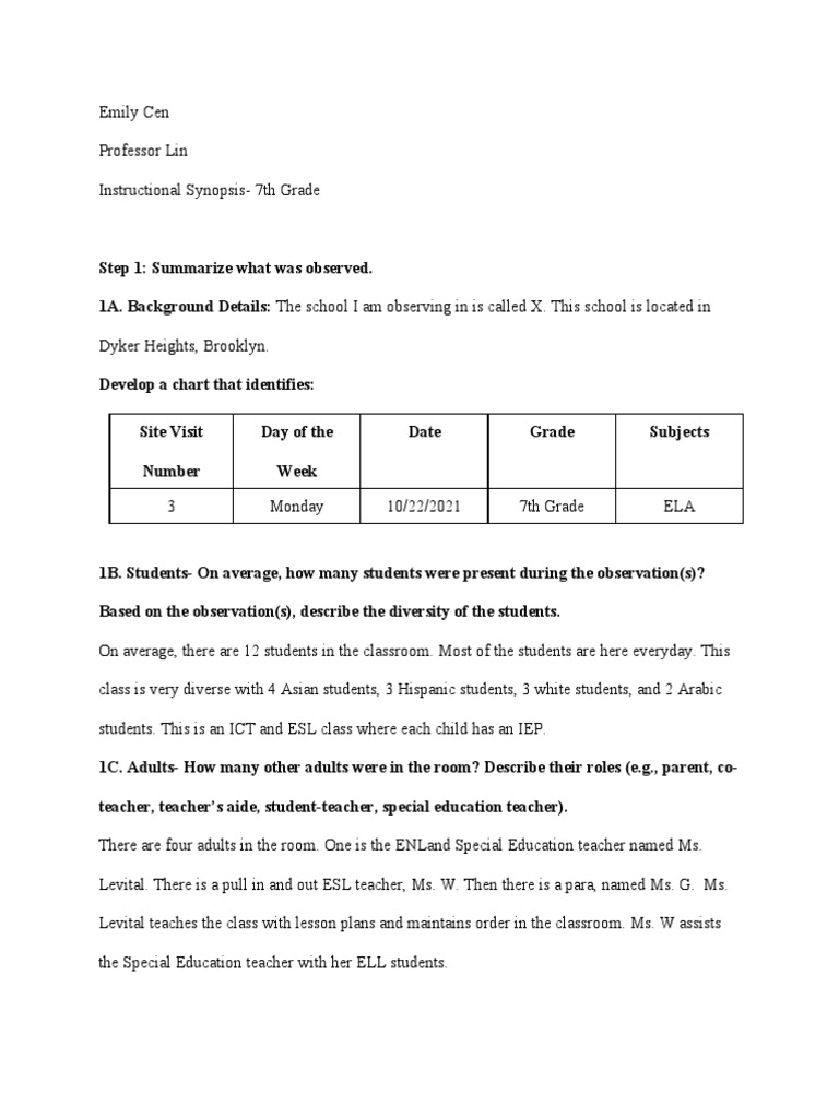 7th Grade ELA Observation Summary | PDF | English As A Second Or ...