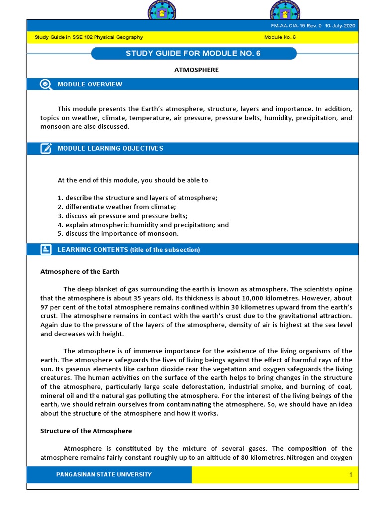 Atmosphere: Study Guide For Module No. 6 | PDF | Atmosphere Of Earth ...