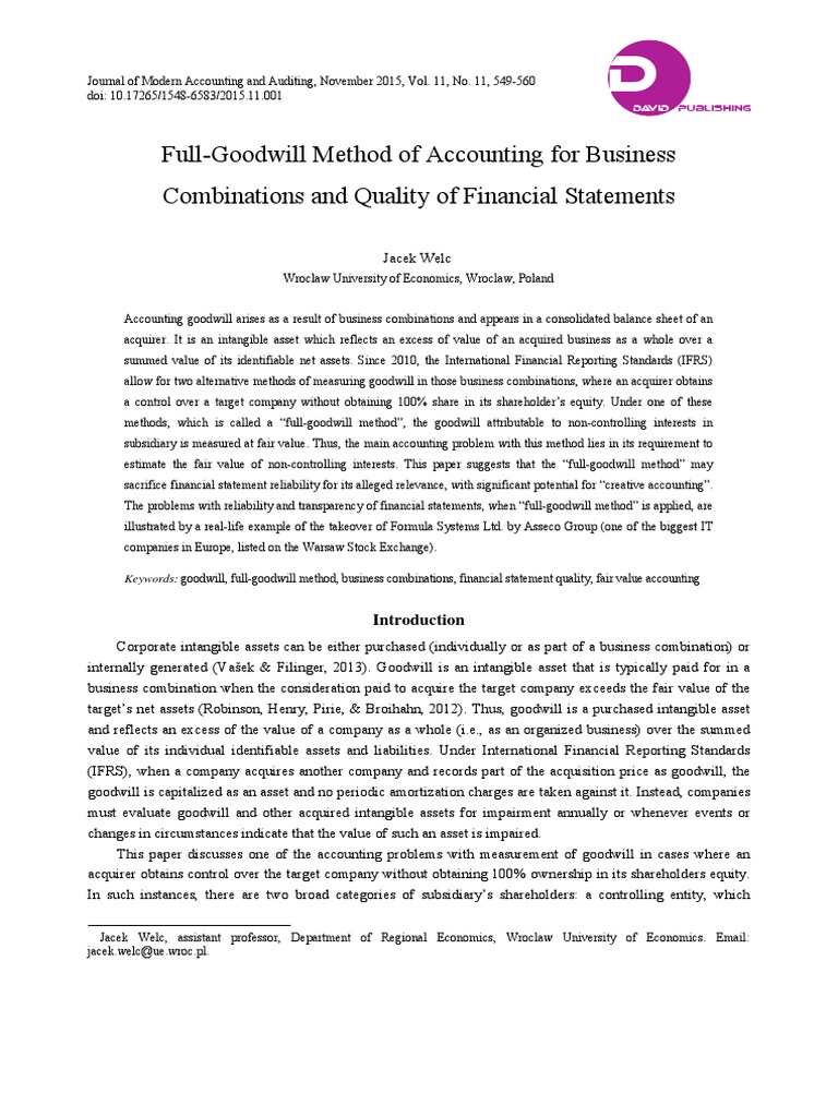 Full-Goodwill Method of Accounting For Business Combinations and ...