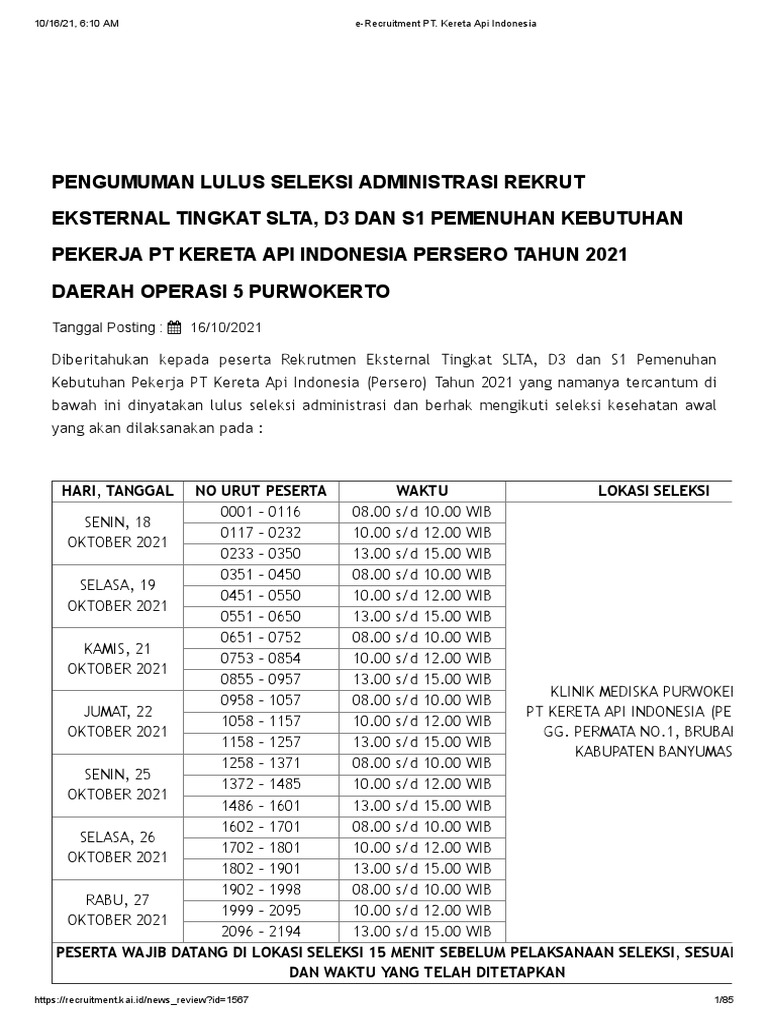 E-Recruitment PT. Kereta Api Indonesia DAOP 5 Purwokerto | PDF