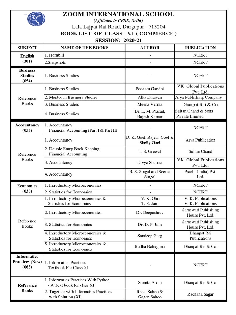 Zoom International School: Book List of Class - Xi (Commerce) SESSION ...