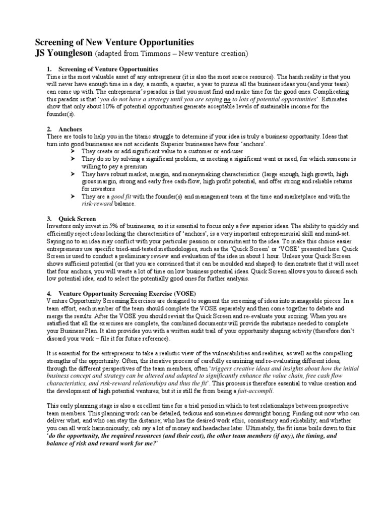 Venture Opportunity Screening Process | PDF | Entrepreneurship | Market ...