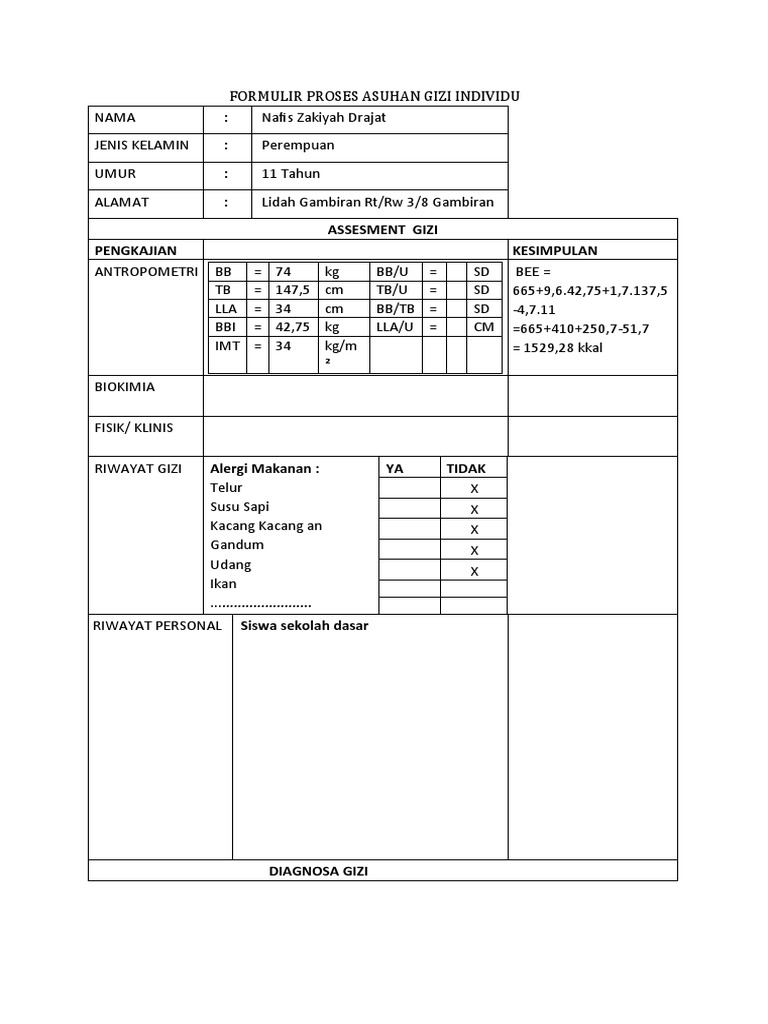 Formulir Proses Asuhan Gizi Individu Obesitas | PDF