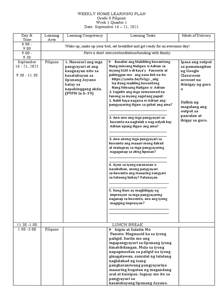 Weekly Home Learning Plan | PDF