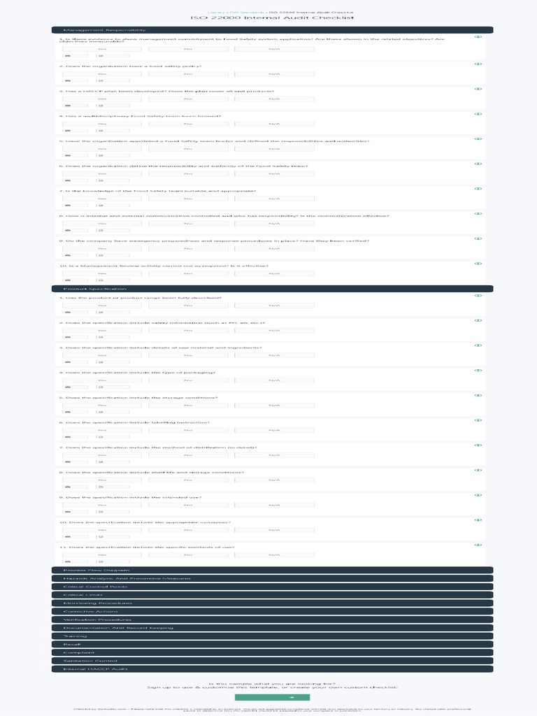 GoAudits - Iso 22000 Internal Audit Checklist (Sample) | PDF