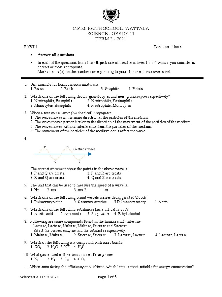 C.P.M. Faith School, Wattala Science - Grade 11 TERM 3 - 2021 | PDF ...
