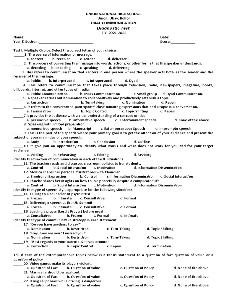 Oral Communication Diagnostic Test | PDF | Communication | Human ...