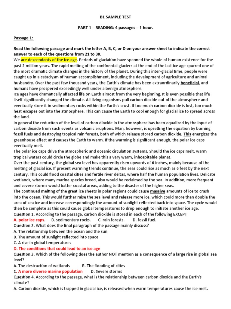 b1 Sample Test | PDF | Ice Age | Earth