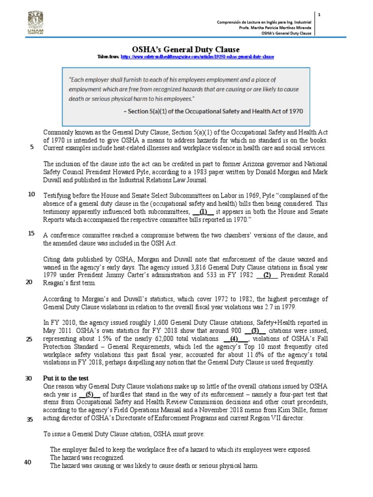 OSHA's General Duty Clause | PDF | Occupational Safety And Health ...