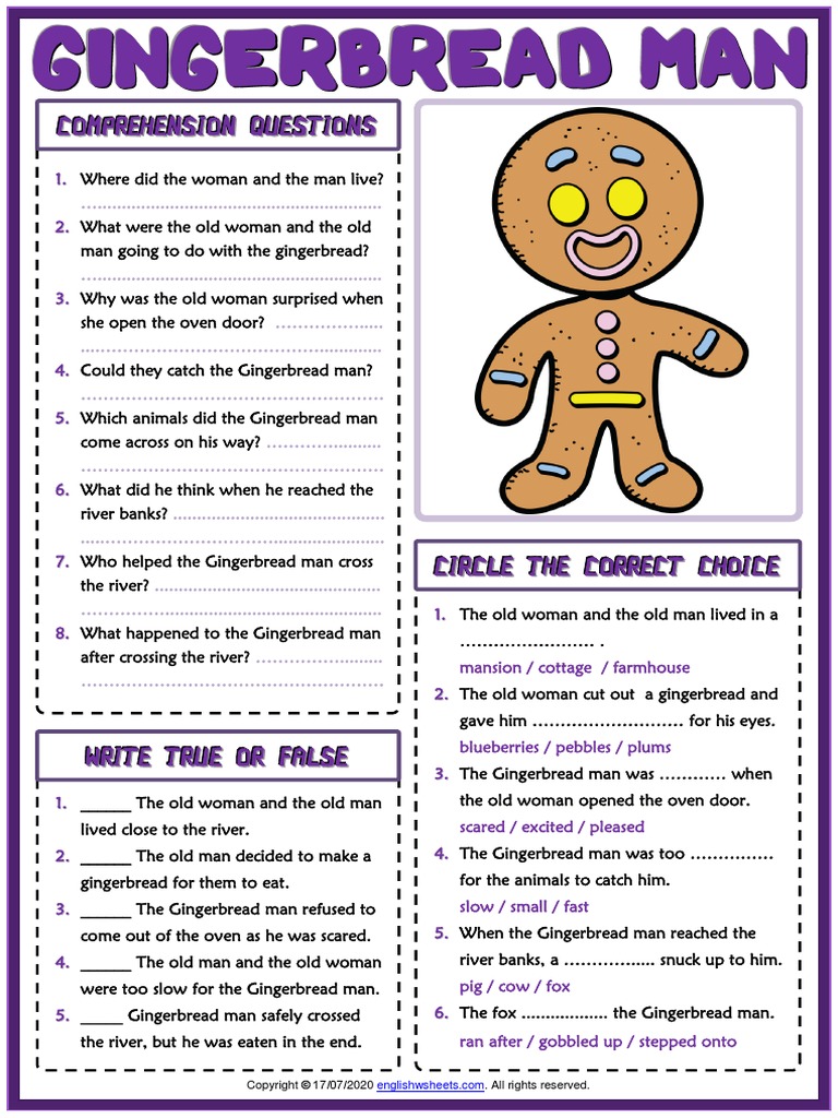 Gingerbread Man Esl Printable Reading Comprehension Questions Worksheet ...