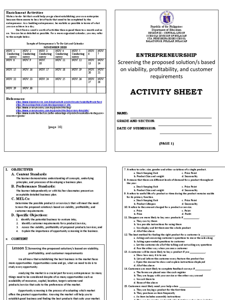 ENTREP ACTIVITY SHEET 1st Quarter Week 5 To 6 Edited 2 | PDF | Customer | Prices