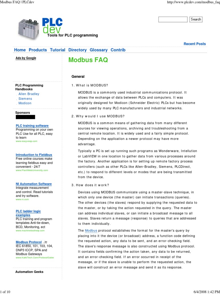 Modbus FAQ: Home Products Tutorial Directory Glossary Contrib | PDF | Programmable Logic ...