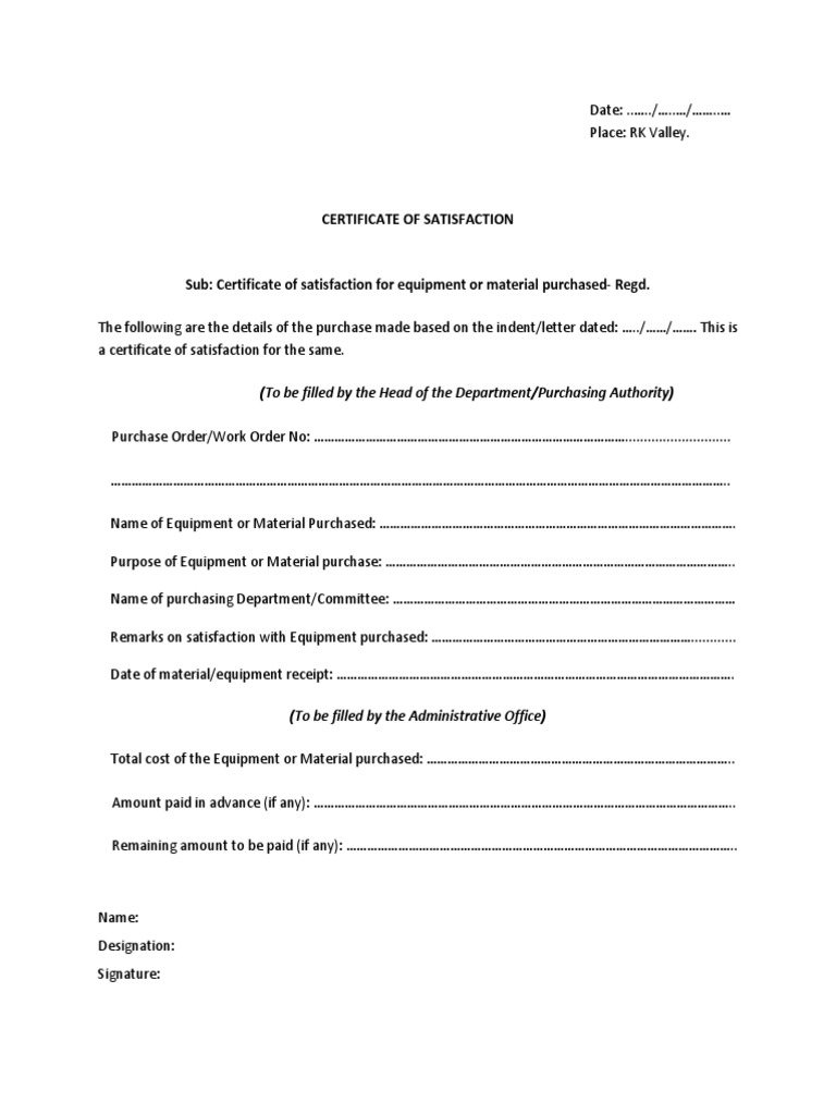 Certificate of Satisfaction: (To Be Filled by The Head of The ...