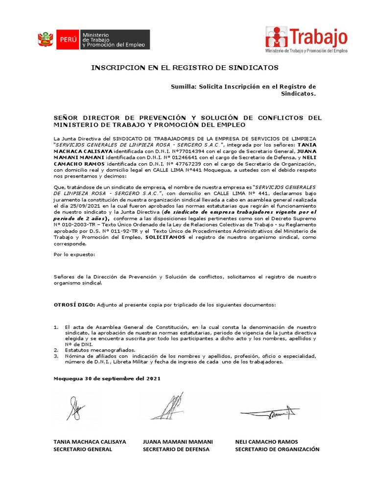 Solicitud de Inscripción en Registro de Sindicatos. Tania Machaca ...