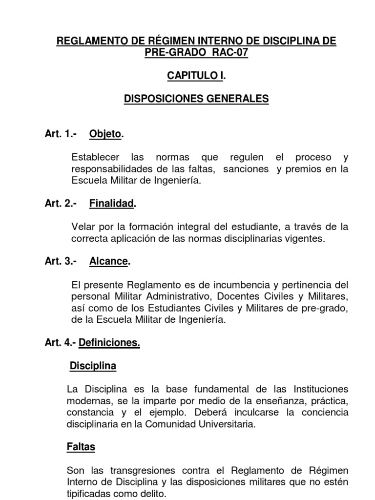 Reglamento de régimen interno de disciplina de pregrado de la Escuela Militar de Ingeniería ...