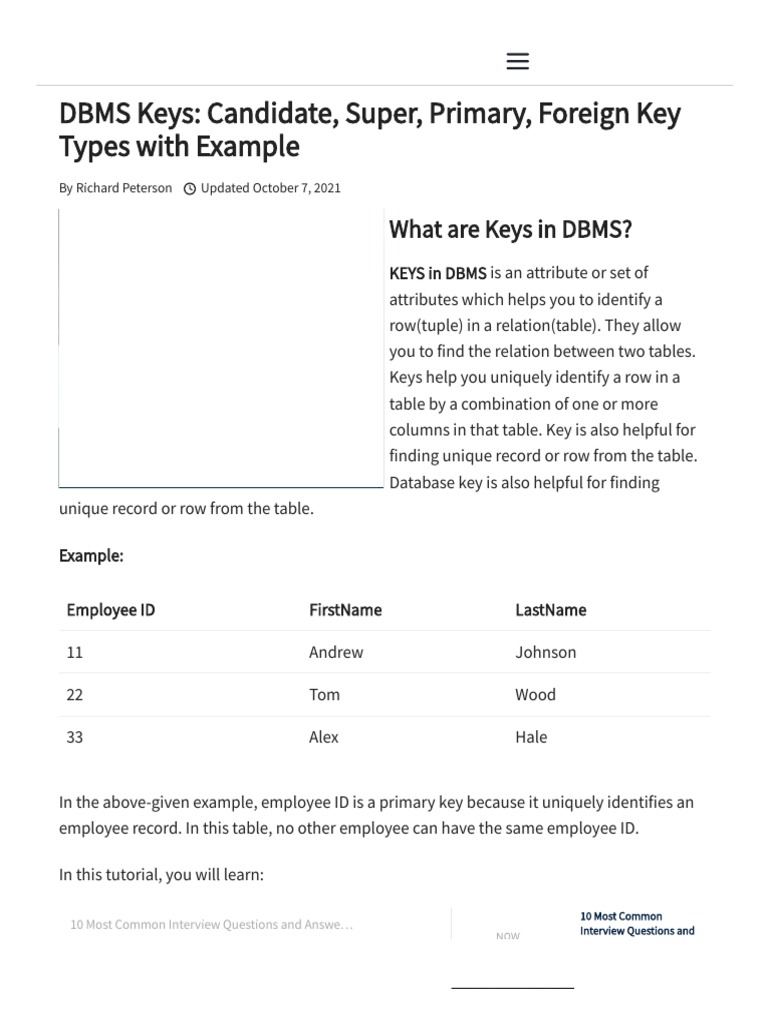 DBMS Keys - Candidate, Super, Primary, Foreign Key Types With Example ...