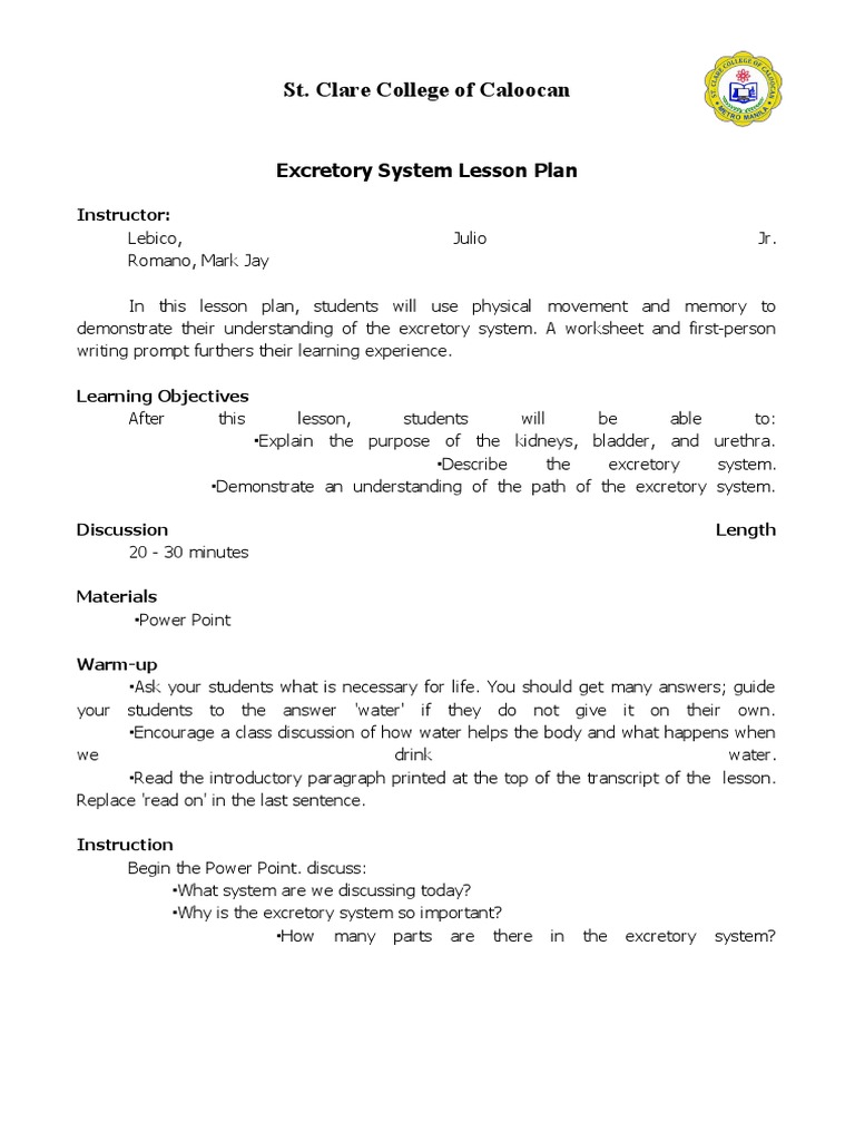 Excretory System Lesson Plan | PDF | Self-Improvement | Science ...
