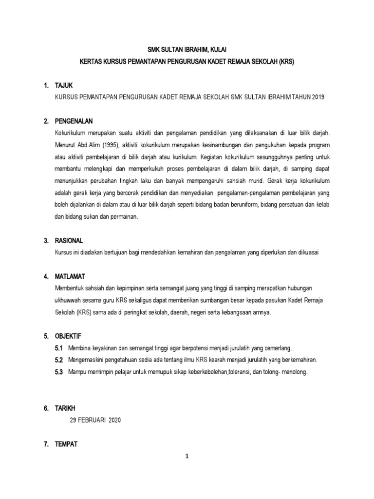 Kertas Kerja Kursus Pengurusan KRS 2019 | PDF