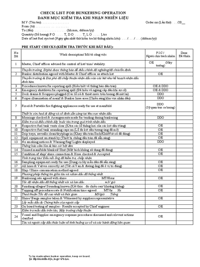 PL 5.1.7 Bunkering Checklist | PDF