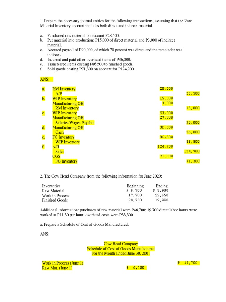 Manufacturing Exercises | PDF | Cost Of Goods Sold | Management Accounting