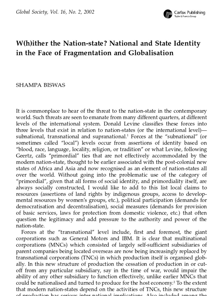 W (H) Ither The Nation-State? National and State Identity in The Face ...