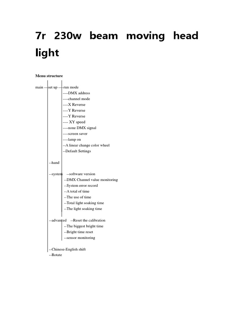 R7 230 Beam Moving Head Light Manual | PDF | Button (Computing) | Color