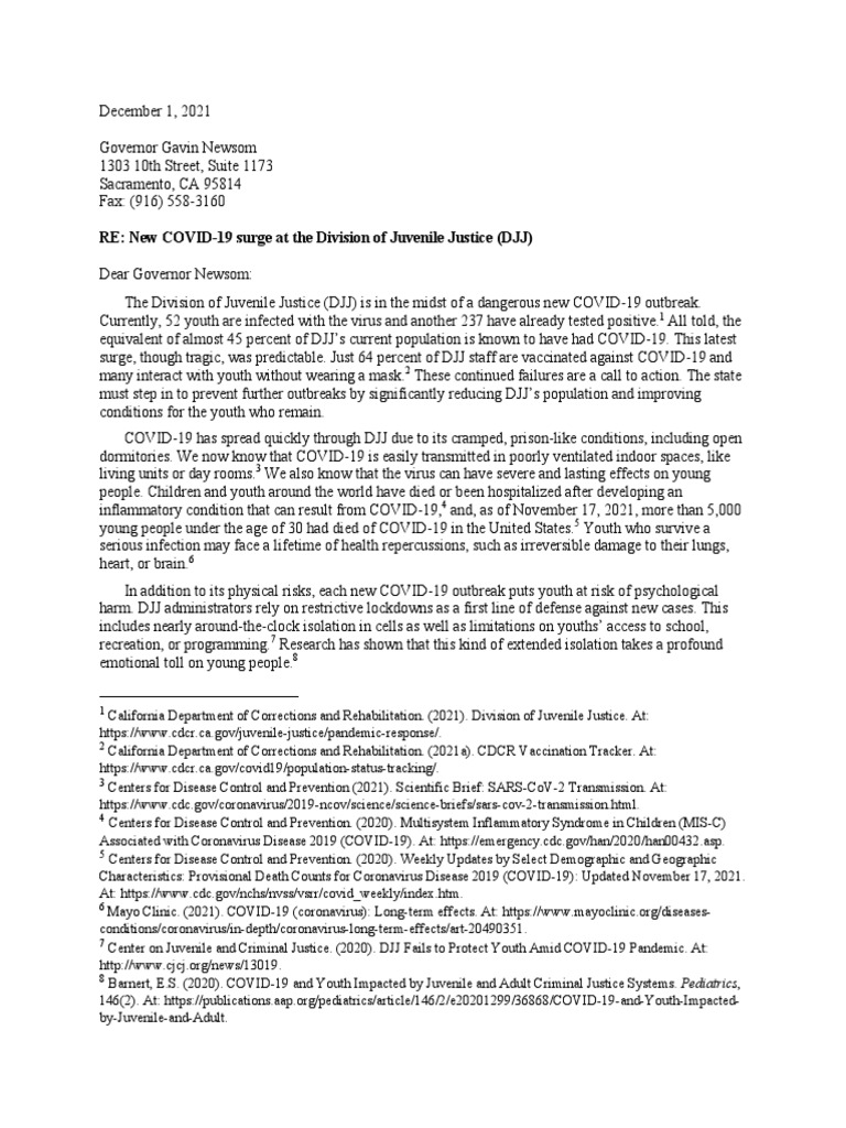 DJJ COVID Outbreak Coalition Letter To Governor Gavin Newsom | PDF ...