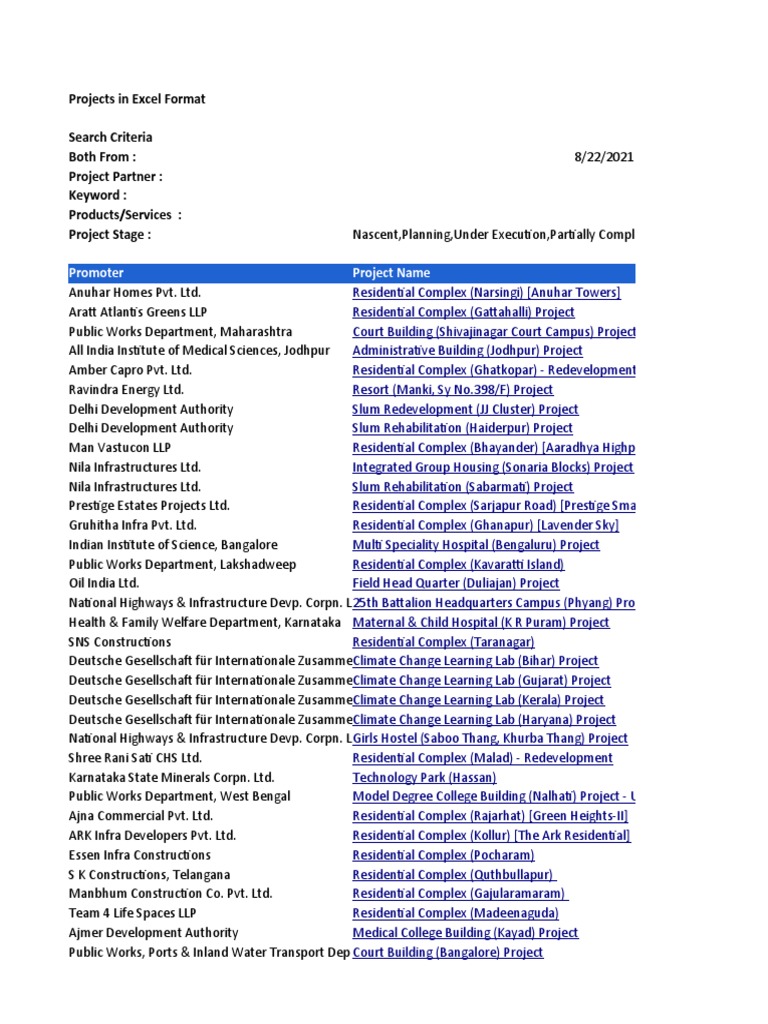 Projects in Excel Format Search Criteria Both From: Project Partner ...