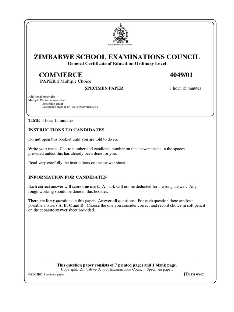 Zimbabwe School Examinations Council: General Certificate of Education ...