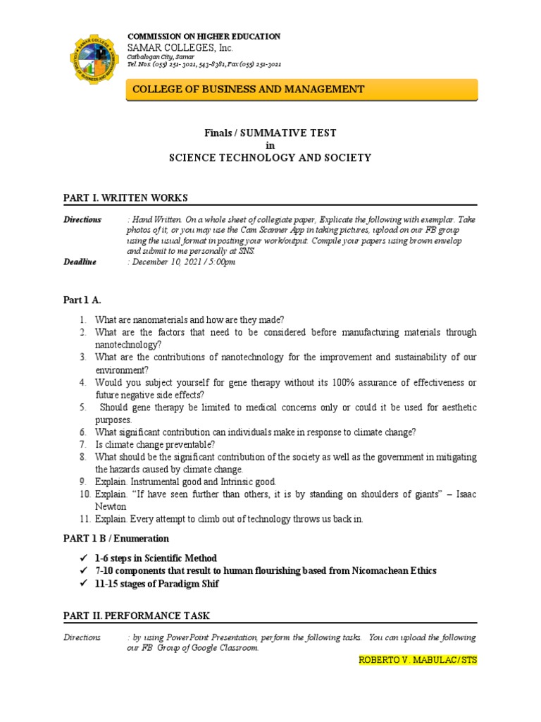 Finals / Summative Test in Science Technology and Society: College of ...