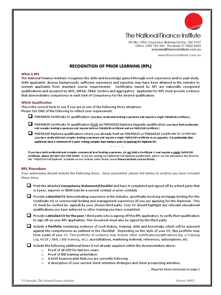 The National Finance Institute: Recognition of Prior Learning (RPL ...
