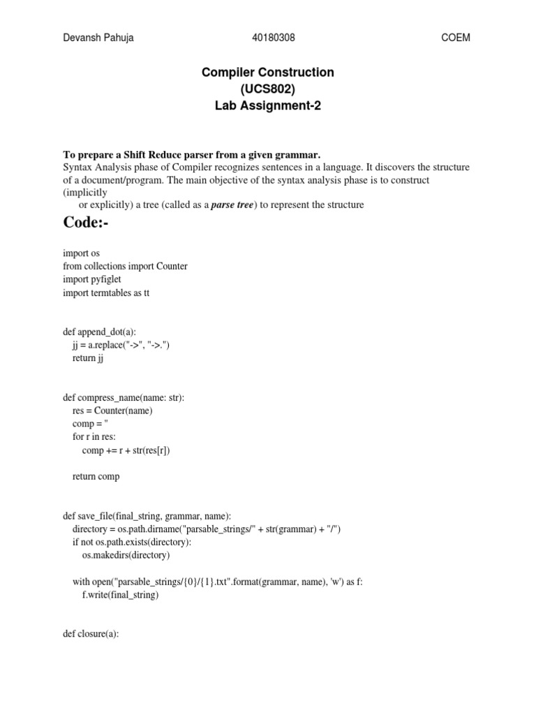 Code:-: Compiler Construction (UCS802) Lab Assignment-2 | PDF | Parsing | Software Engineering