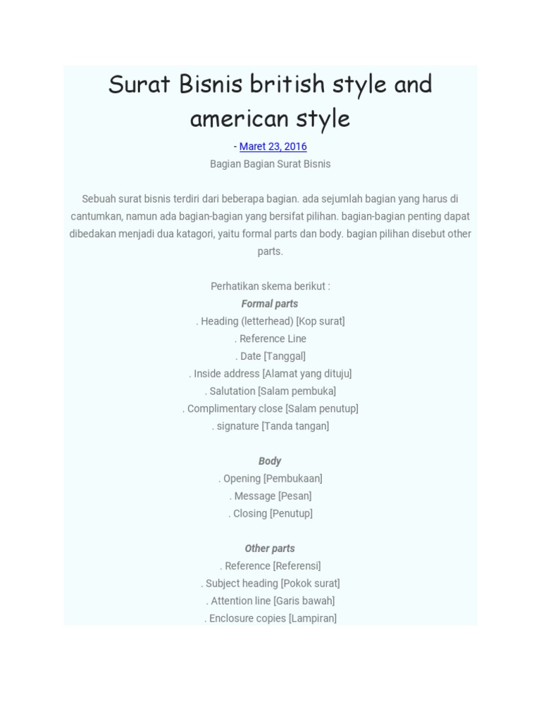 Surat Bisnis British Style and American Style | PDF
