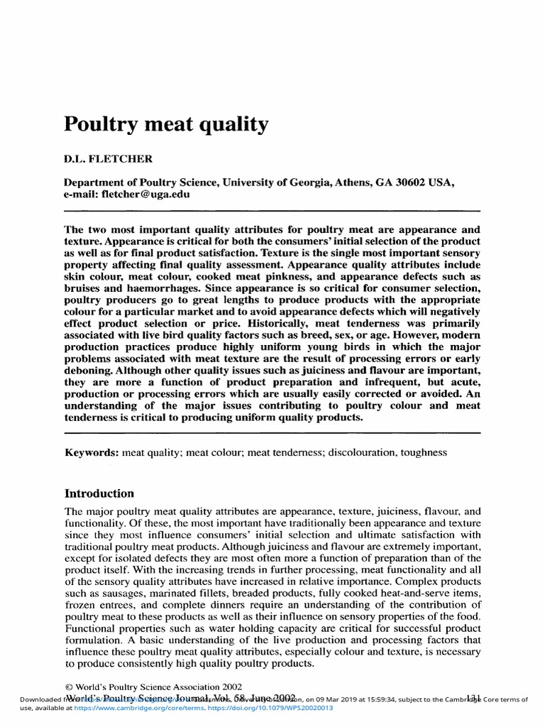 Poultry Meat Quality: World's Poultry Science Association 2002 131 ...
