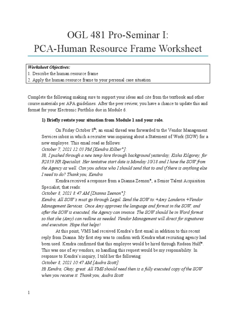 OGL 481 Pro-Seminar I: PCA-Human Resource Frame Worksheet | PDF