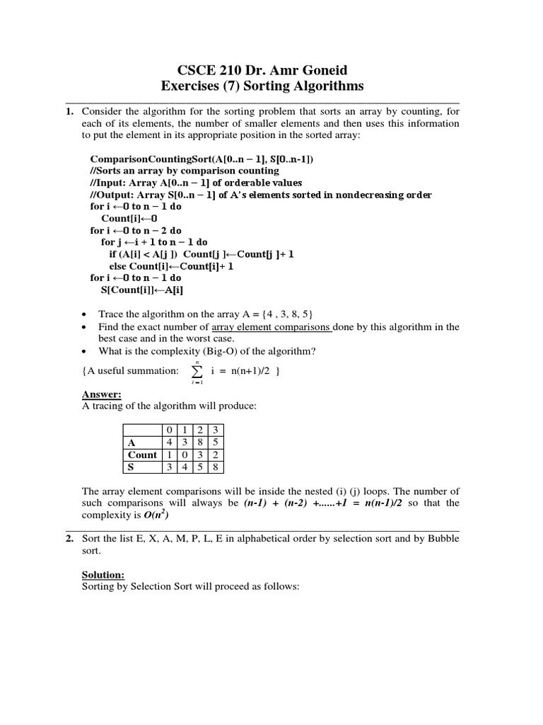 CSCE 210 Dr. Amr Goneid Exercises (7) Sorting Algorithms | PDF | Theoretical Computer Science ...