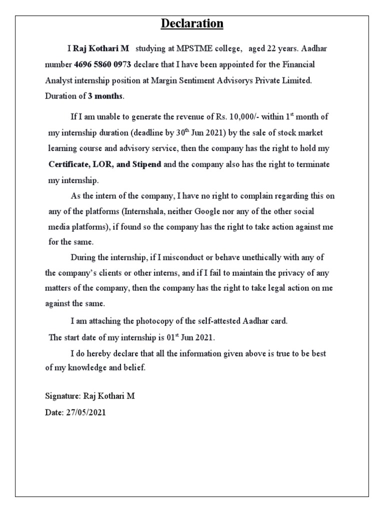 Declaration For Internship | PDF | Business | Finance & Money Management