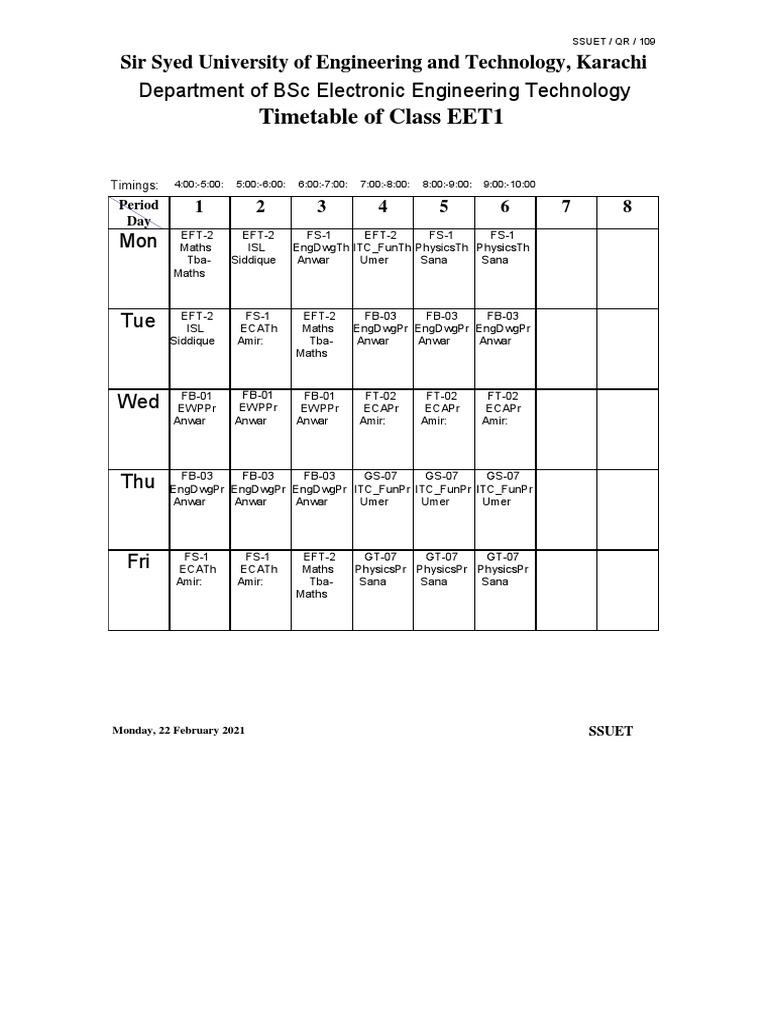 Timetable of Class Eet1: Department of BSC Electronic Engineering ...