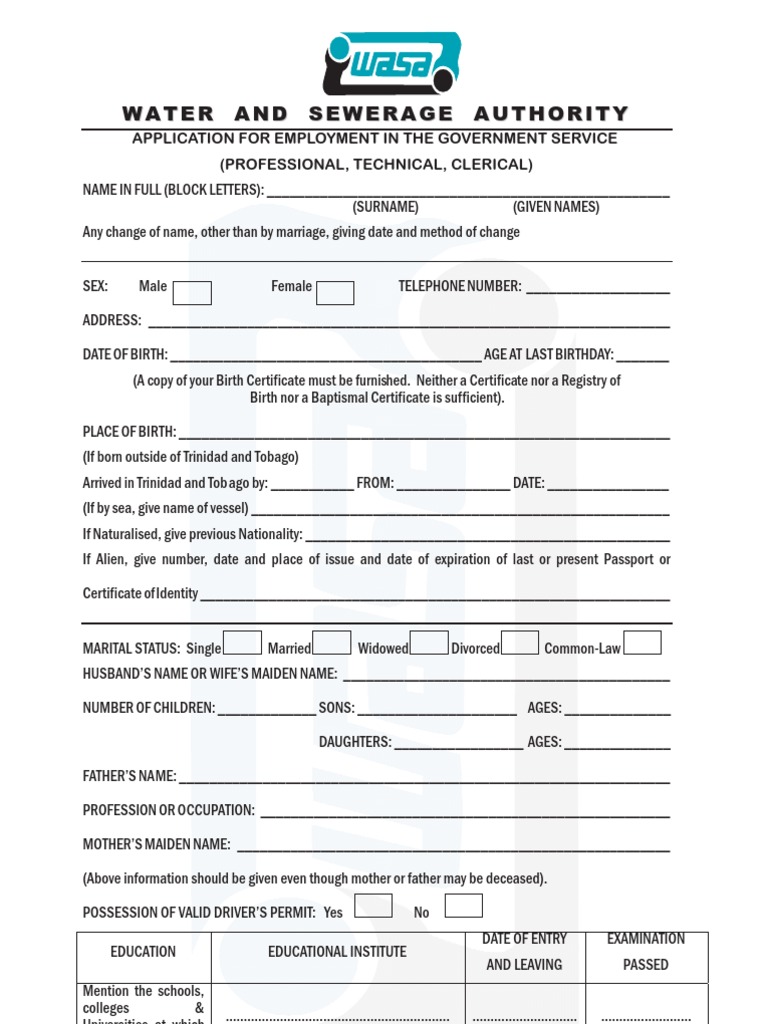 Application For Employment at WASA | PDF | Marriage | Government
