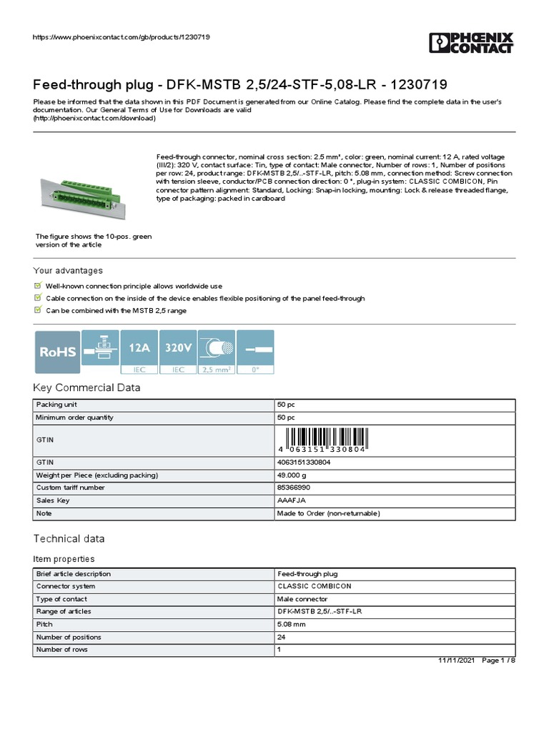 Feed-Through Plug - DFK-MSTB 2,5/24-STF-5,08-LR - 1230719: Key Commercial Data | PDF ...