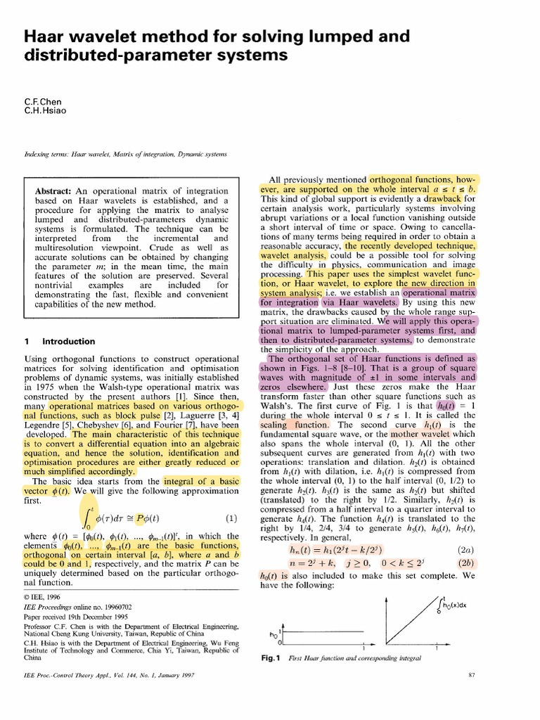 Haar Wavelet Method For Solving Lumped And Distributed Parameter Systems Pdf Matrix