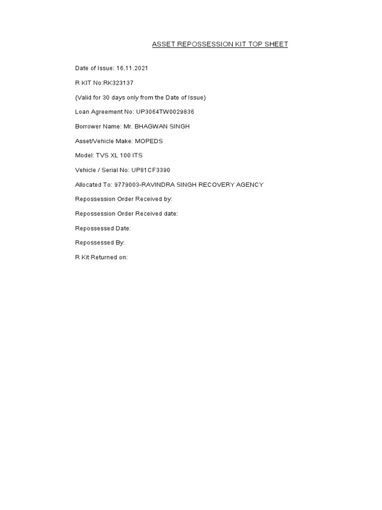 Asset Repossession Kit Top Sheet | Download Free PDF | Loans | Repossession
